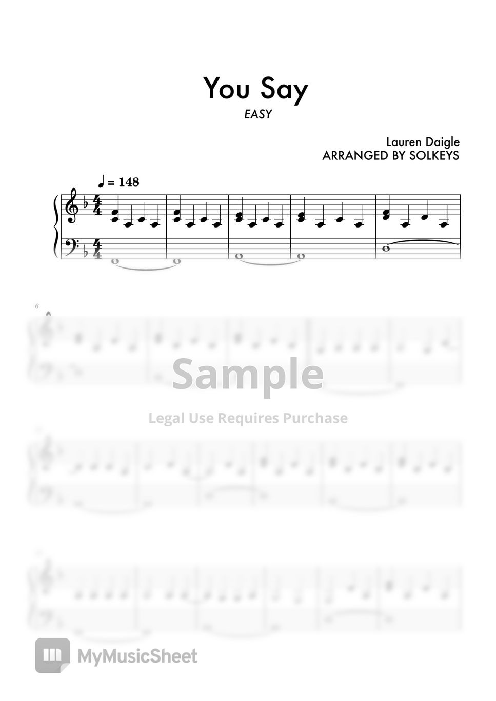 Lauren Daigle - You Say Sheets by SolKeys