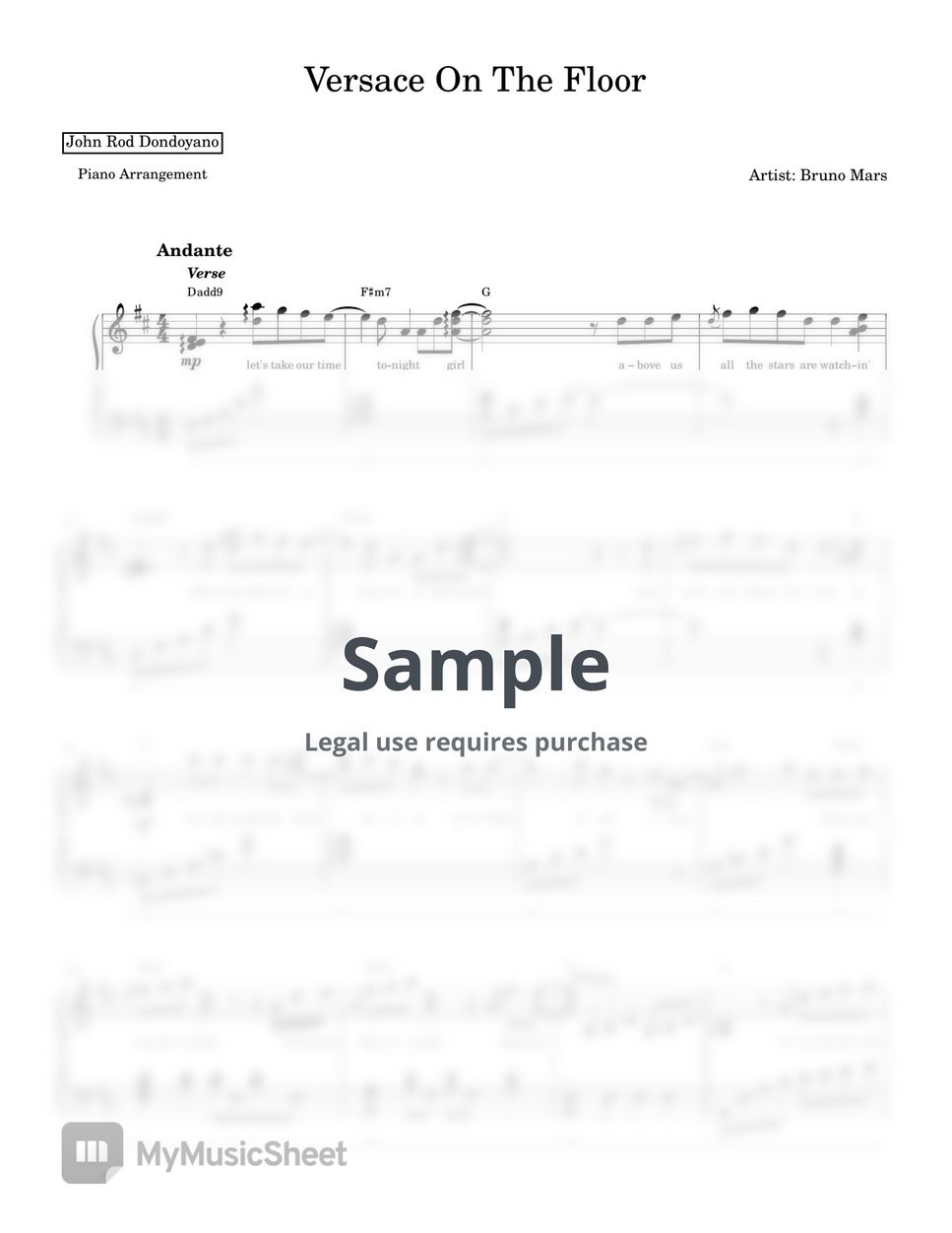 Bruno Mars - Versace On The Floor (PIANO SHEET) Sheets by John Rod ...