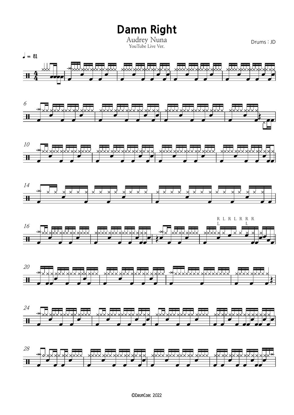 Audrey Nuna - Damn Right Sheet by DrumCore