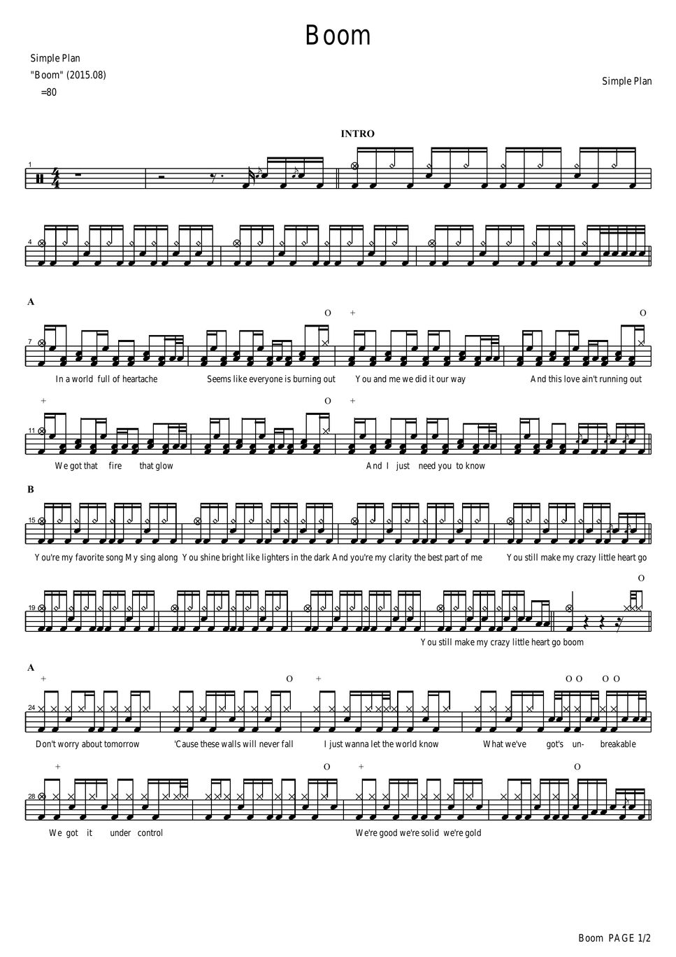 Simple Plan - Boom Sheets by COPYDRUM