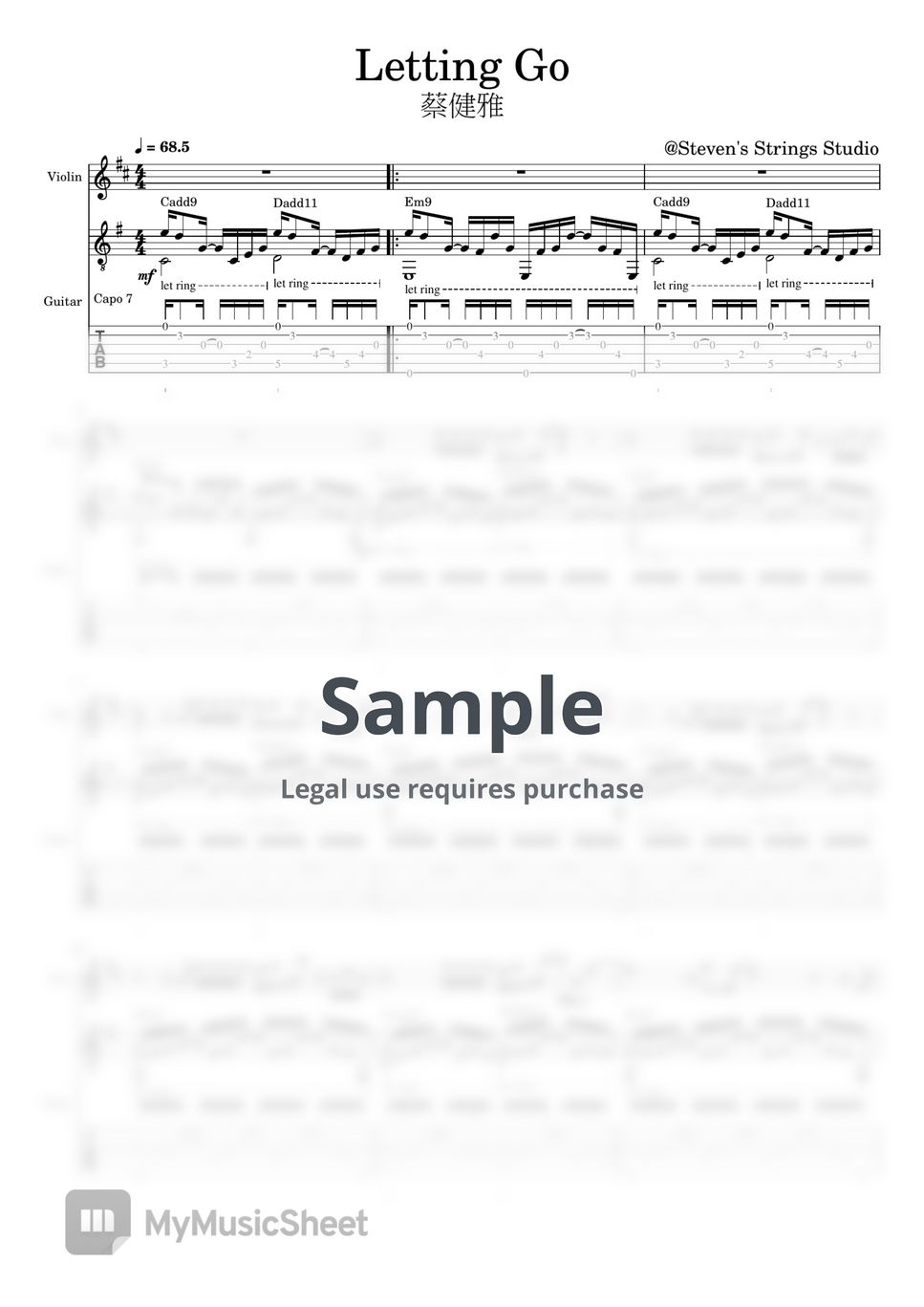 蔡健雅 - Letting Go (Violin Guitar Duet) TAB+1 Staff by Steven's Strings ...