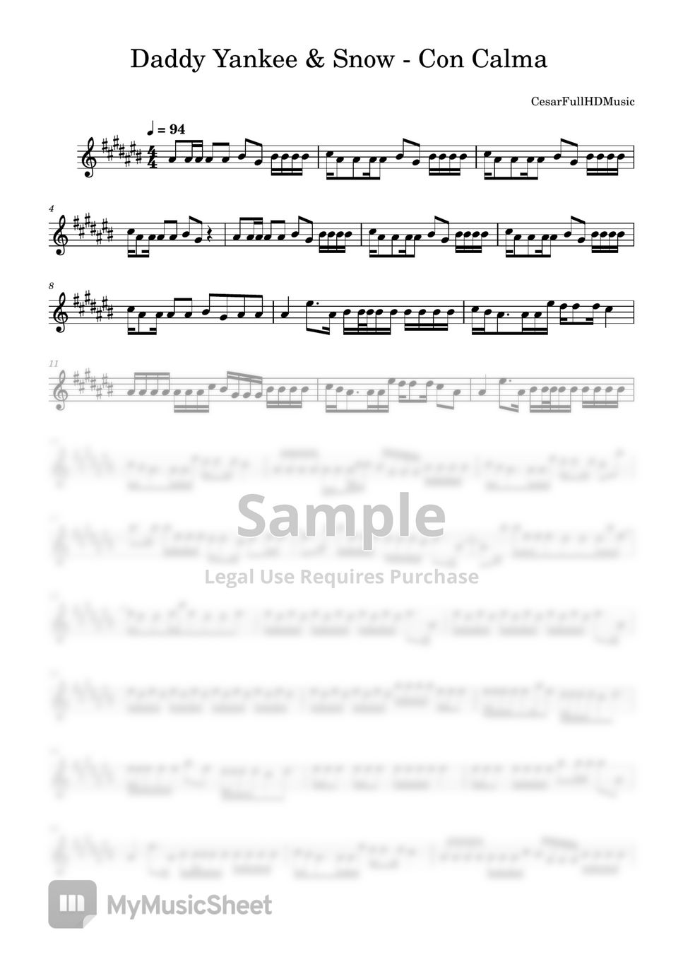 Daddy Yankee & Snow - Con Calma Sheets
