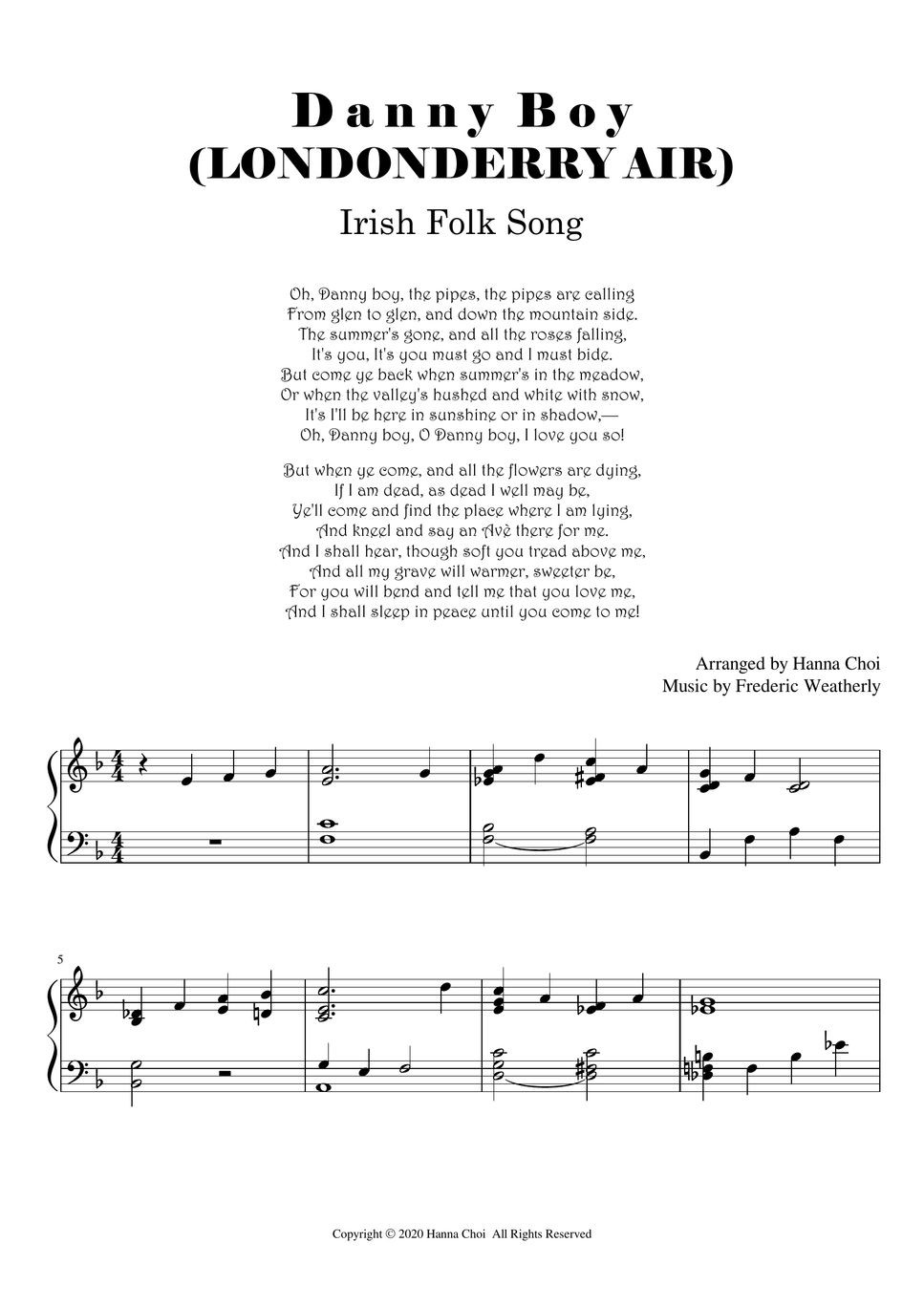 F.Weatherly/Irish Folksong - Danny Boy (Londonderry Air) for Piano ...