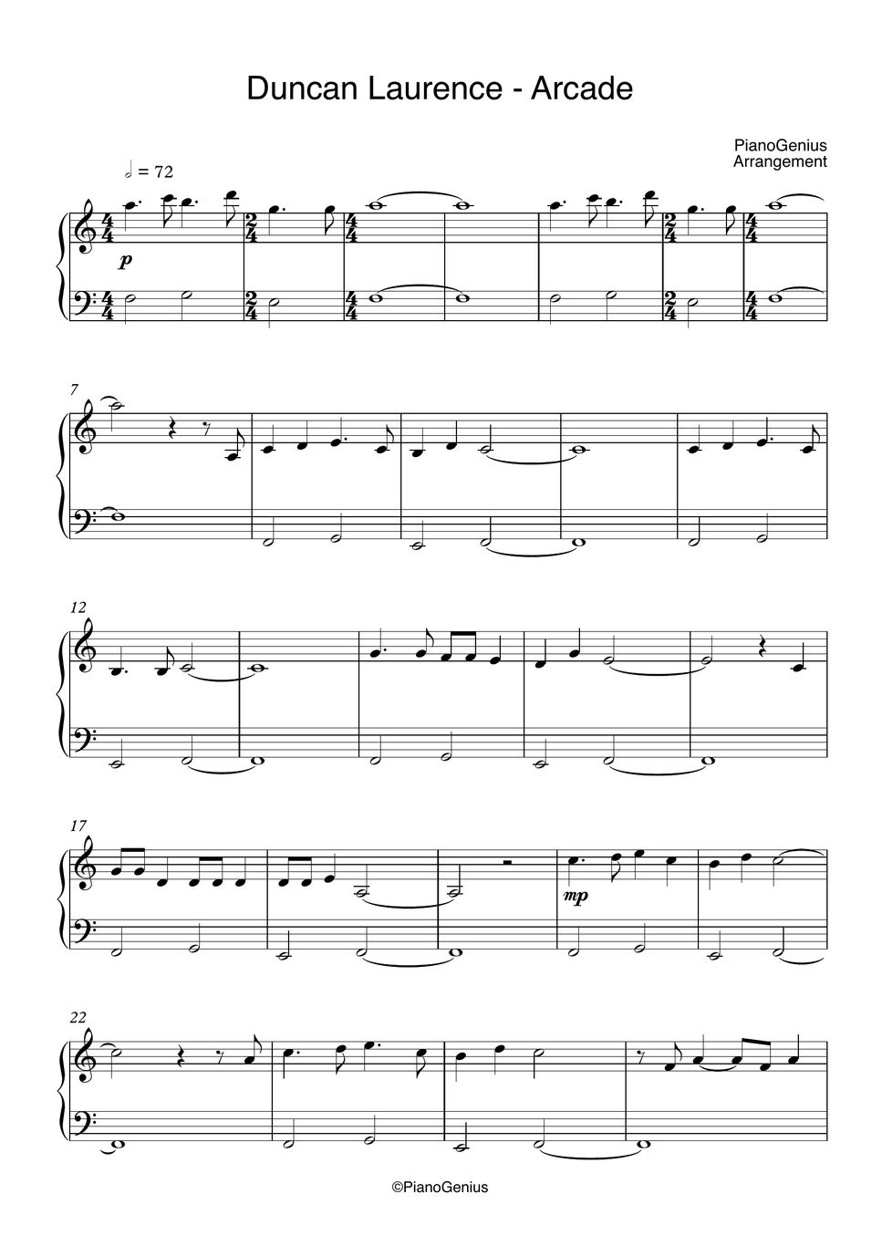 Duncan Laurence - Arcade (EASY) Sheets by PianoGenius