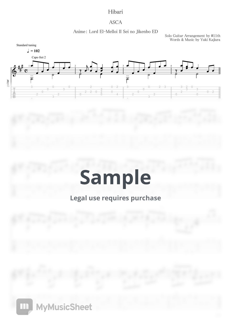 ASCA - 雲雀 (ロード・エルメロイⅡ世の事件簿 ED) Tab + 단선 악보 by #11th