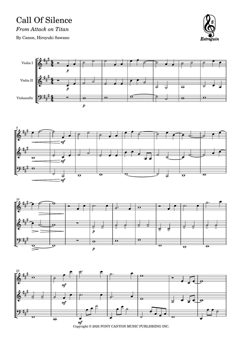 Hiroyuki Sawano - Call of silence - Attack On titan (String Trio Violin Violin Cello) Sheet ...