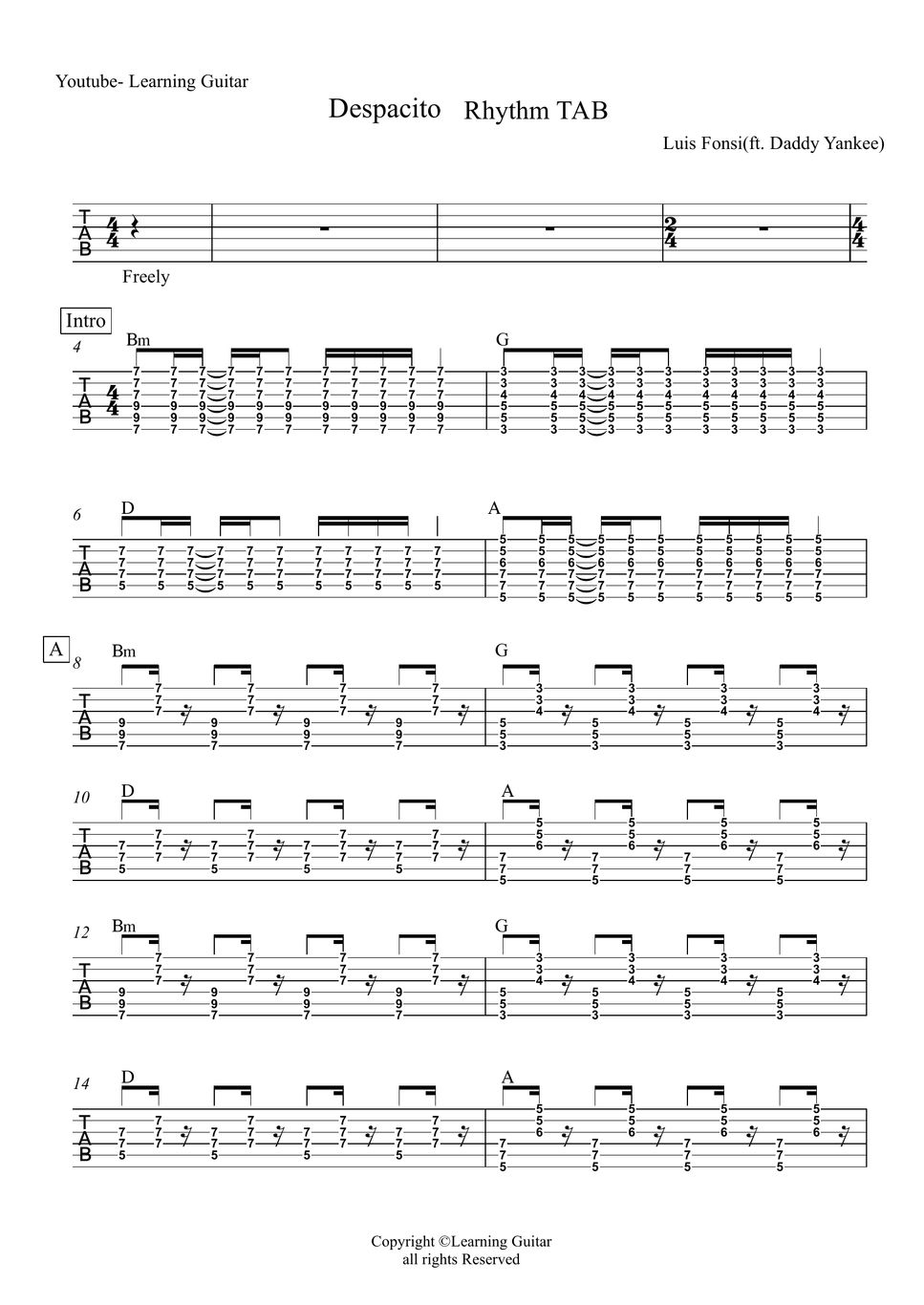 Luis Fonsi - Despacito (Rhythm TAB) نوتة by Learning Guitar