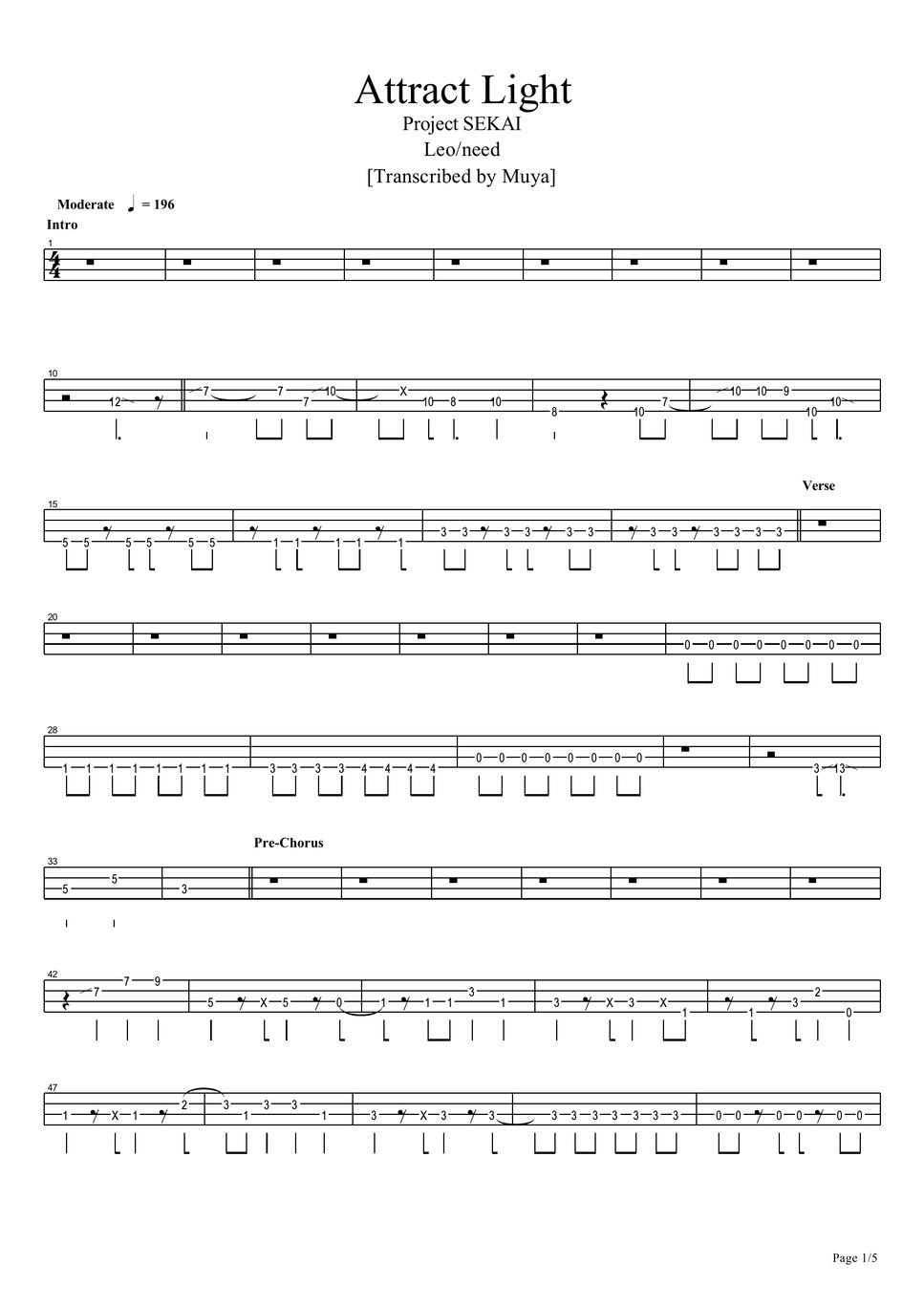 Leo/need - Attract Light (Bass TAB) 樂譜 by Muya