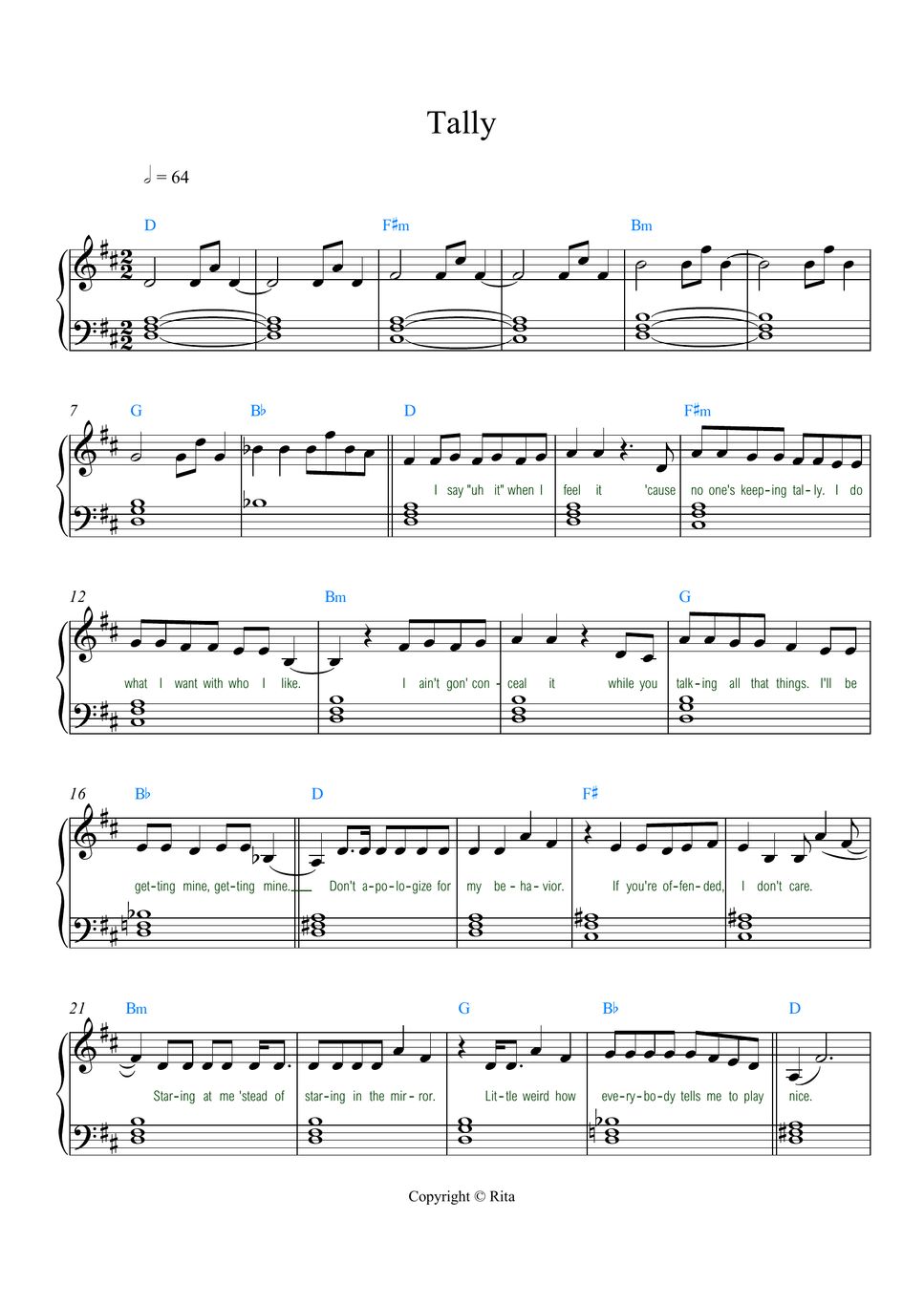 Blackpink - Tally (Lyrics, chords) Sheet Music by Rita B