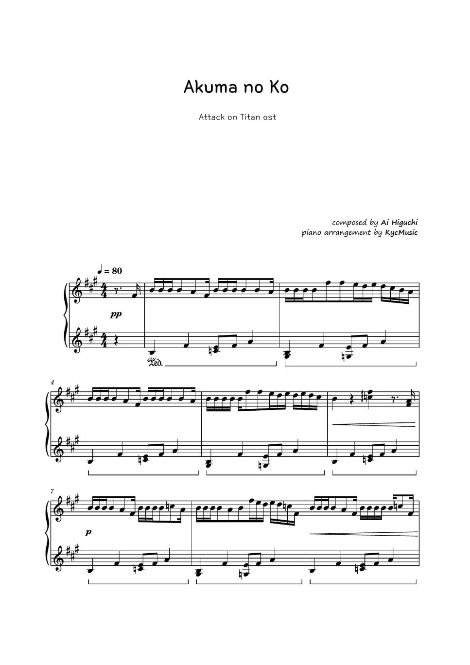 Ai Higuchi - Akuma no Ko - (Attack on Titan Ost) 樂譜 by KycMusic