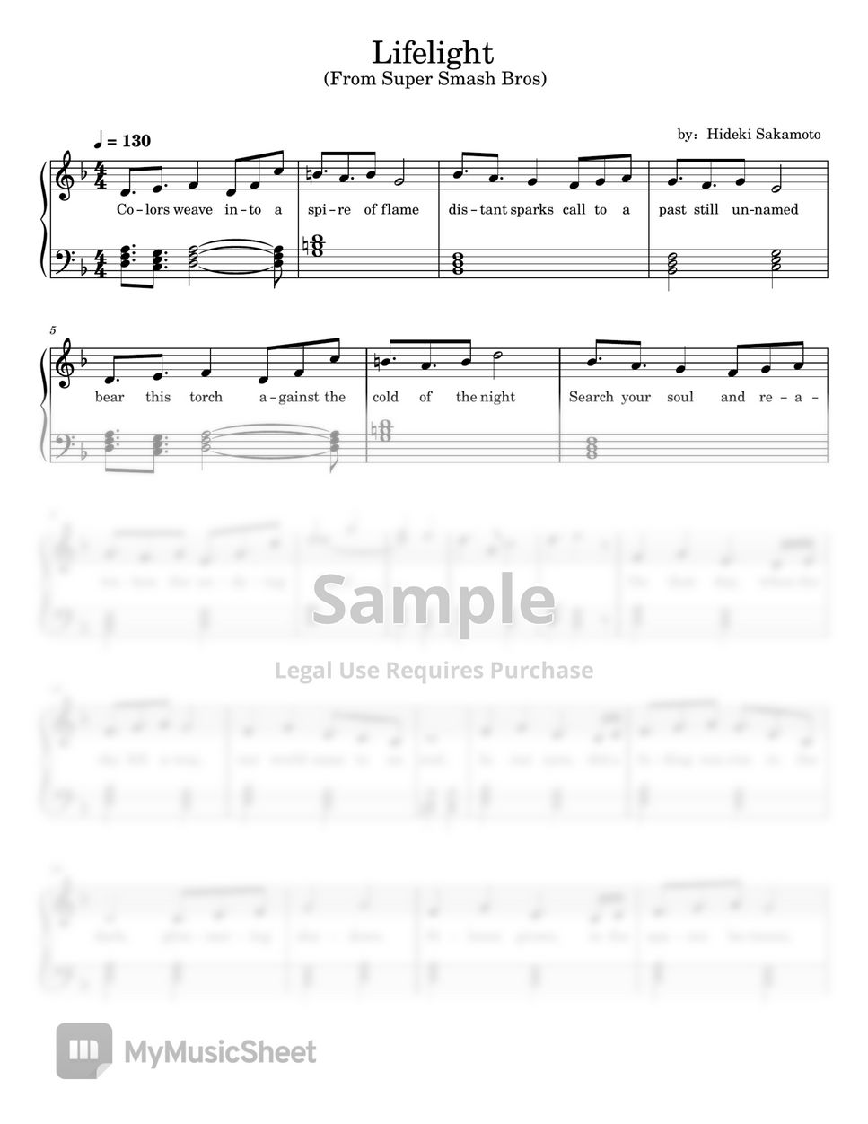 Hideki Sakamoto - Lifelight (For Easy Piano - With Lyrics) Sheet Music ...