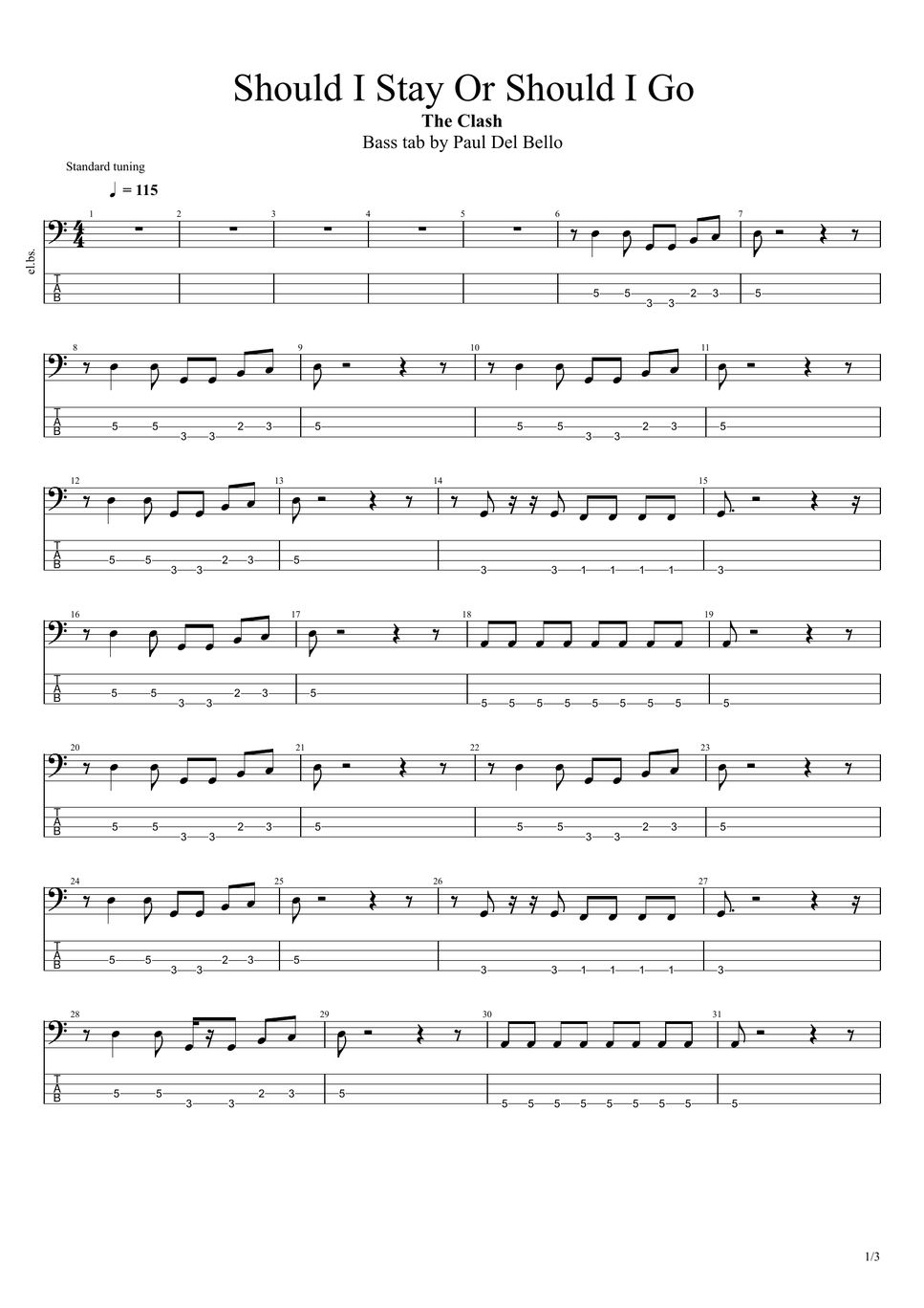 The Clash - Should I Stay or Should I go TAB by Paul Del Bello