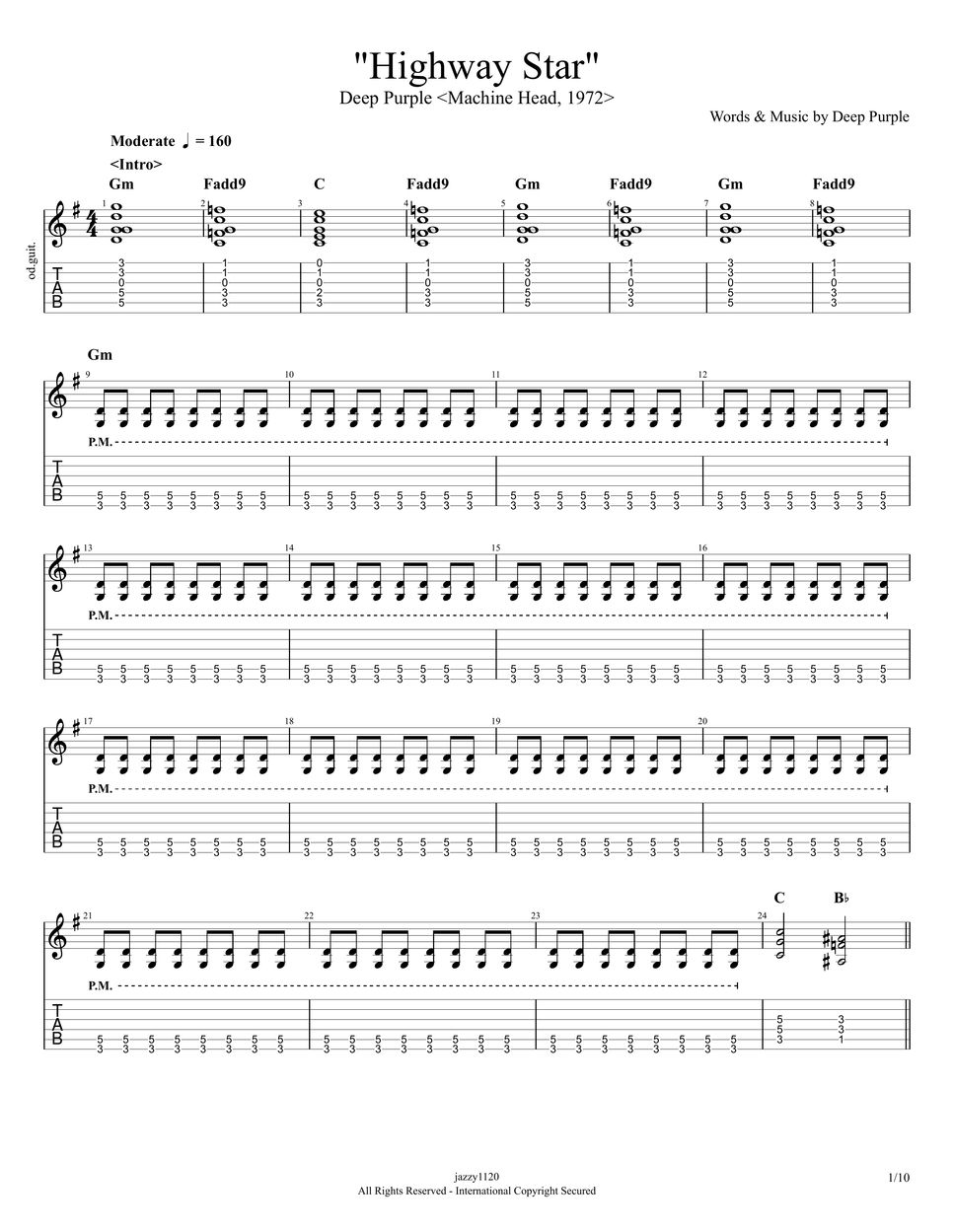 Deep Purple - Highway Star Tab + 1staff by Jazzy1120