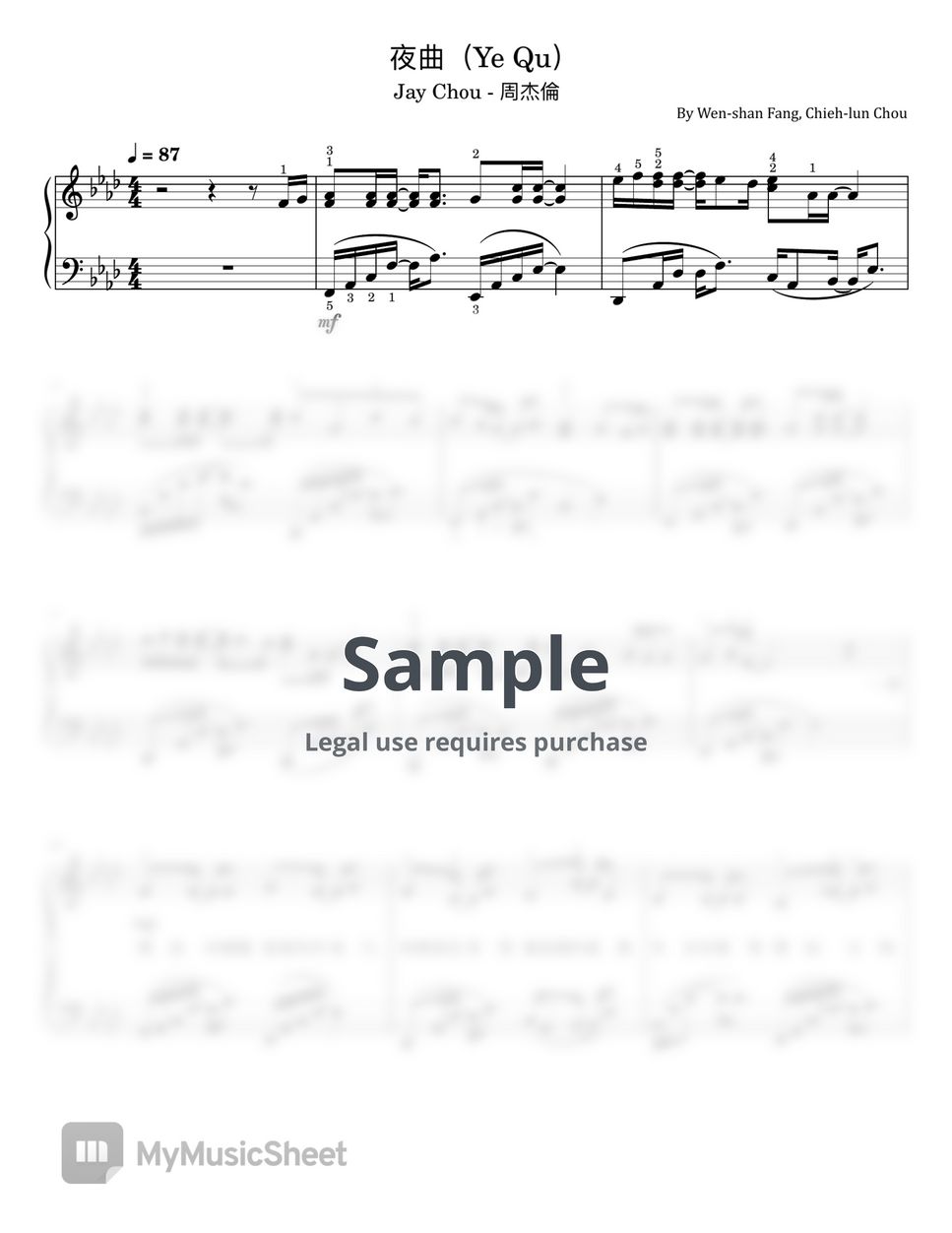 Wen-shan Fang, Chieh-lun Chou - Jay Chou - Ye Qu - For Piano Solo - With Lyrics and Fingered ...