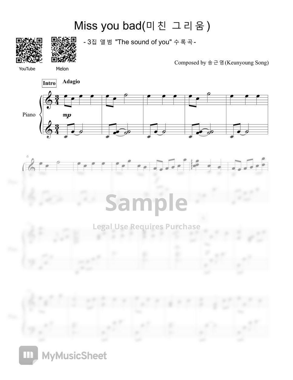 Keunyoung Song(송근영) - Miss you bad(미친 그리움) (3rd Album) Sheet Music by ...