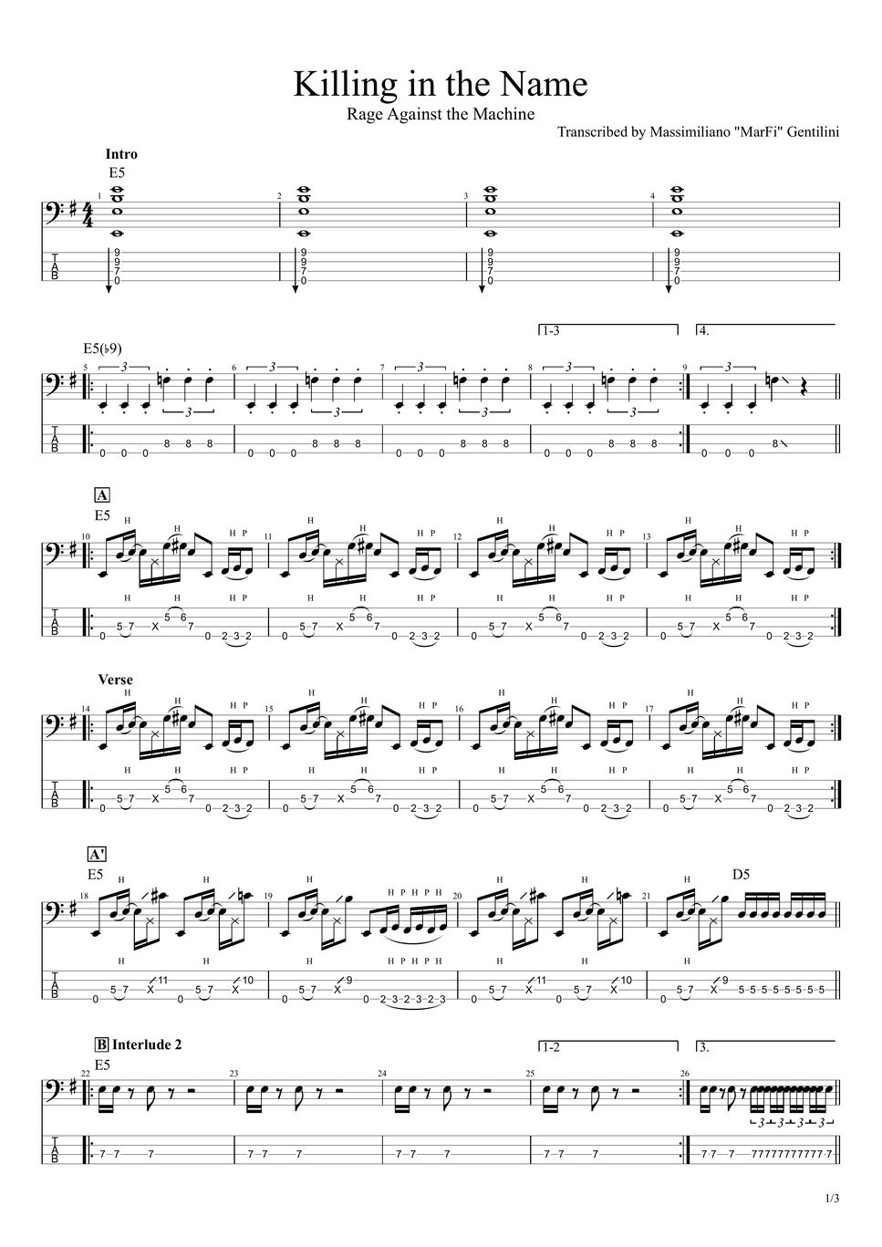 Rage against the machine - Killing in the name Sheets by Massimiliano ...