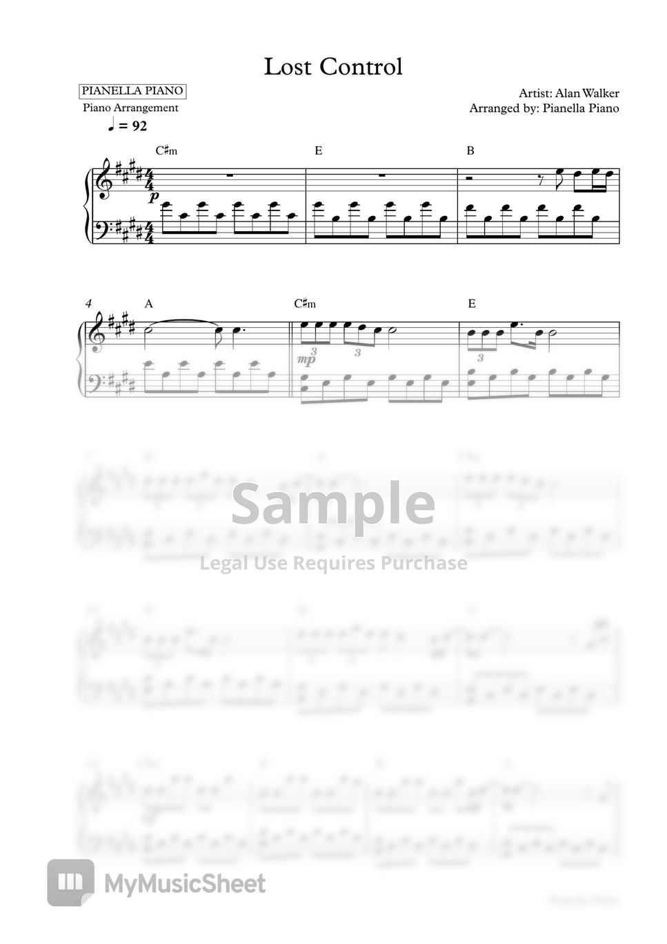 Alan Walker - Lost Control (Piano Sheet) Sheets by Pianella Piano