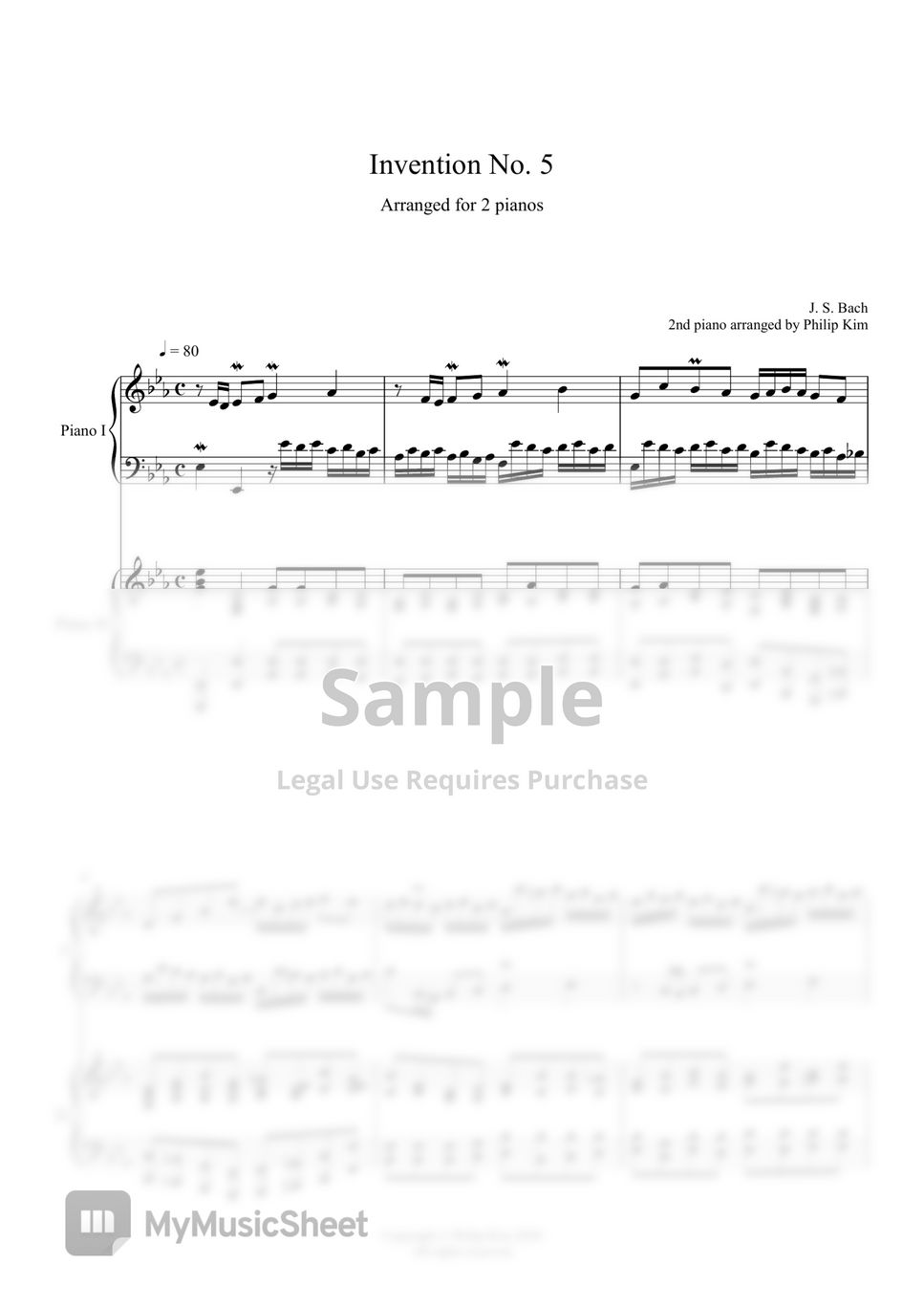 J. S. Bach - Bach 2 Part Inventions No. 5 for 2 pianos 악보 by Philip Kim