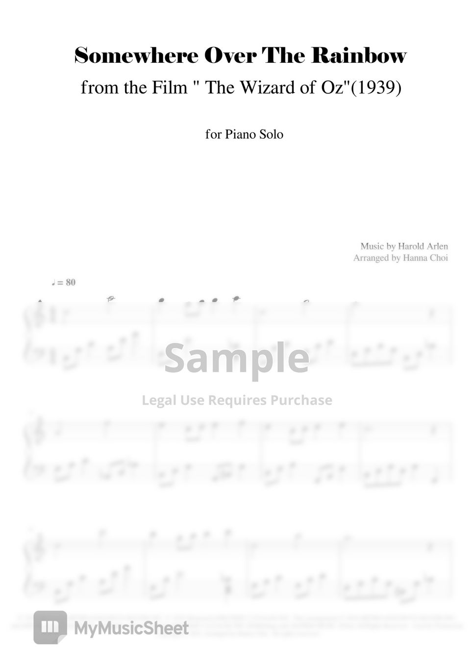 Harold Arlen - Somewhere Over the Rainbow (피아노 솔로 악보) Sheet Music