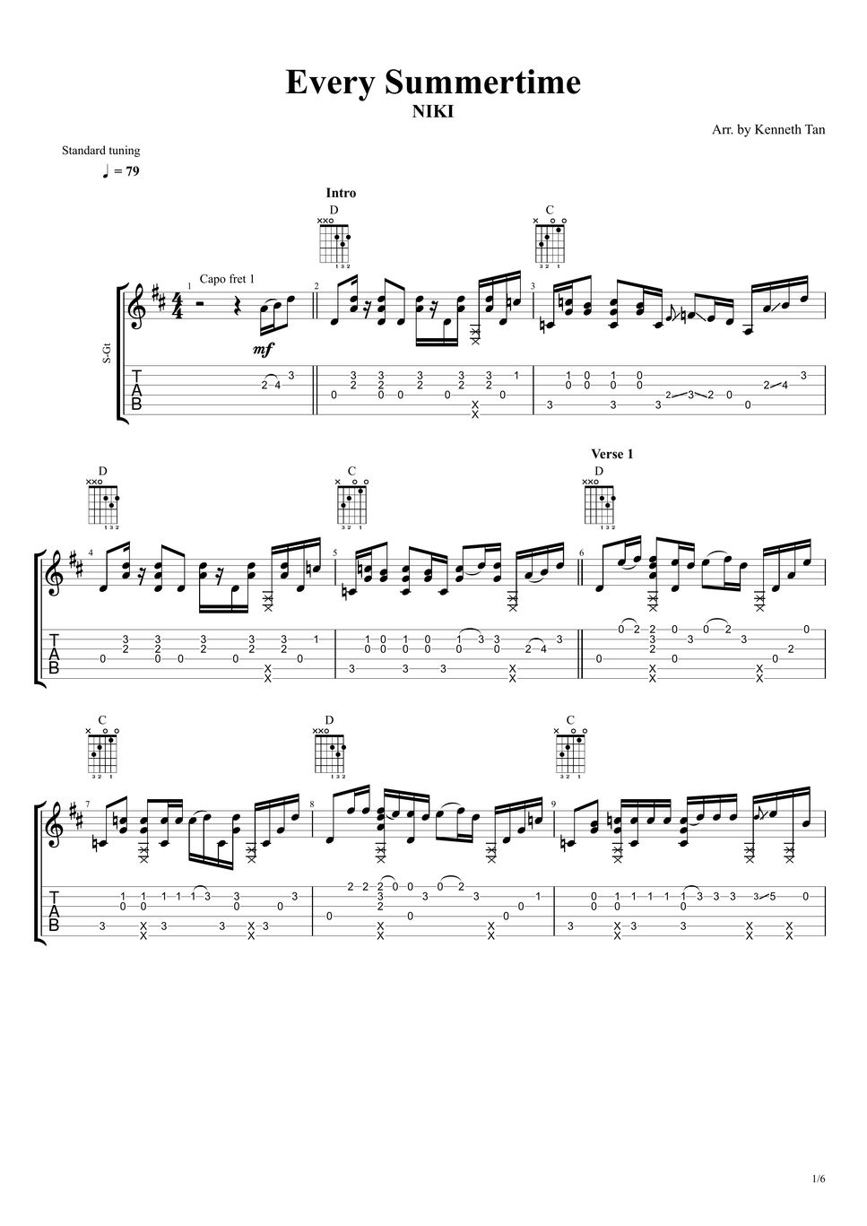 NIKI | Fingerstyle Guitar - Every Summertime แผ่น by Kenneth Acoustic