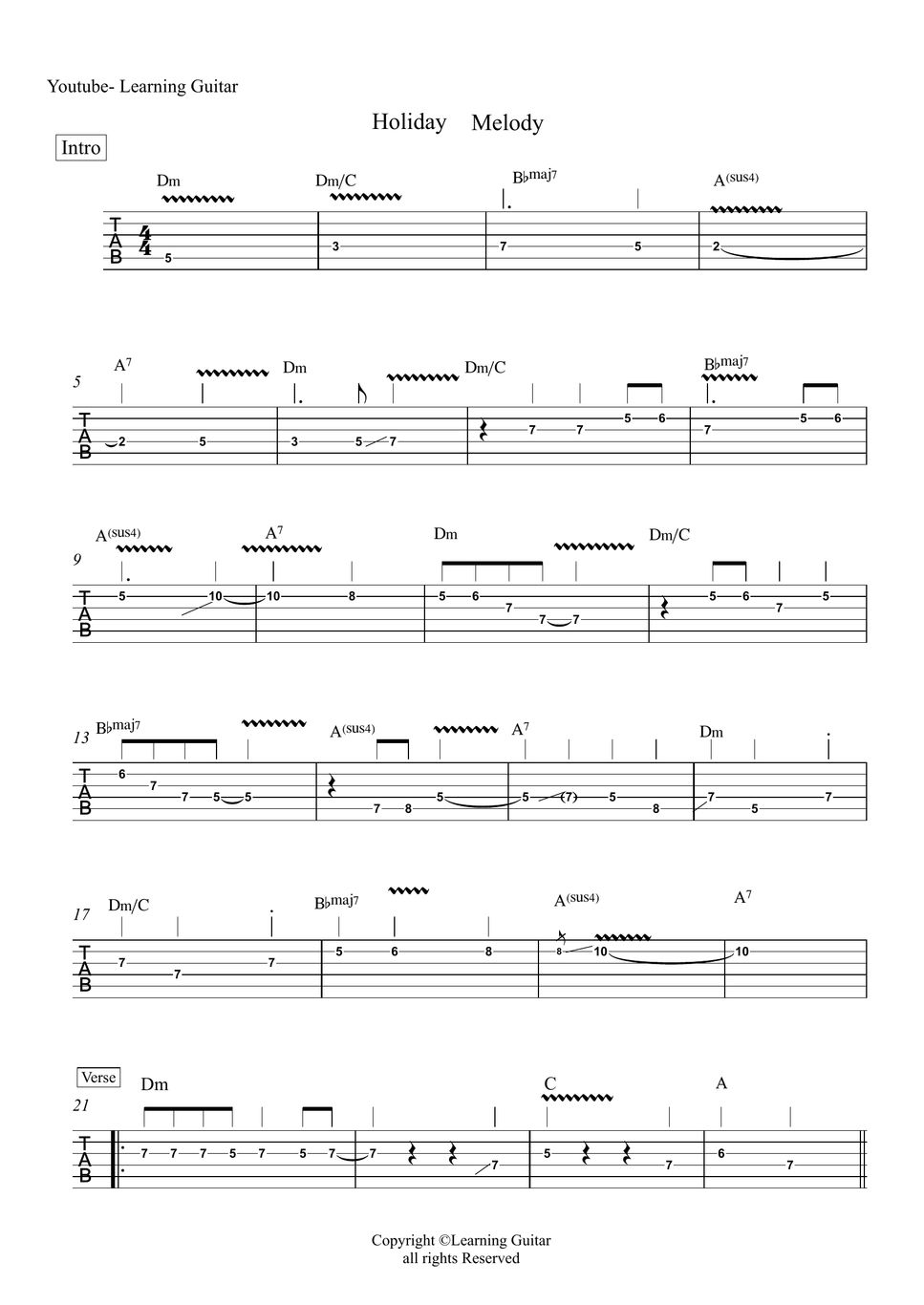 Scorpions - Holiday (Melody TAB) Notenblatt by Learning Guitar