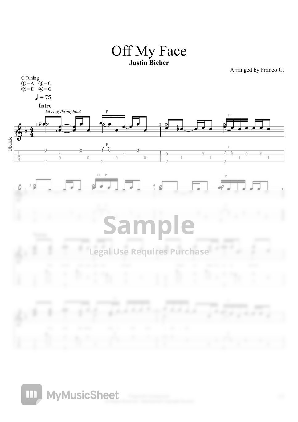 Justin Bieber - Off My Face (Ukulele fingerstyle) Tab + 단선 악보 by Franco C