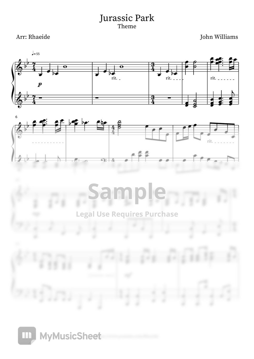 Jurassic Park - Theme (John Williams) 楽譜 by Rhaeide