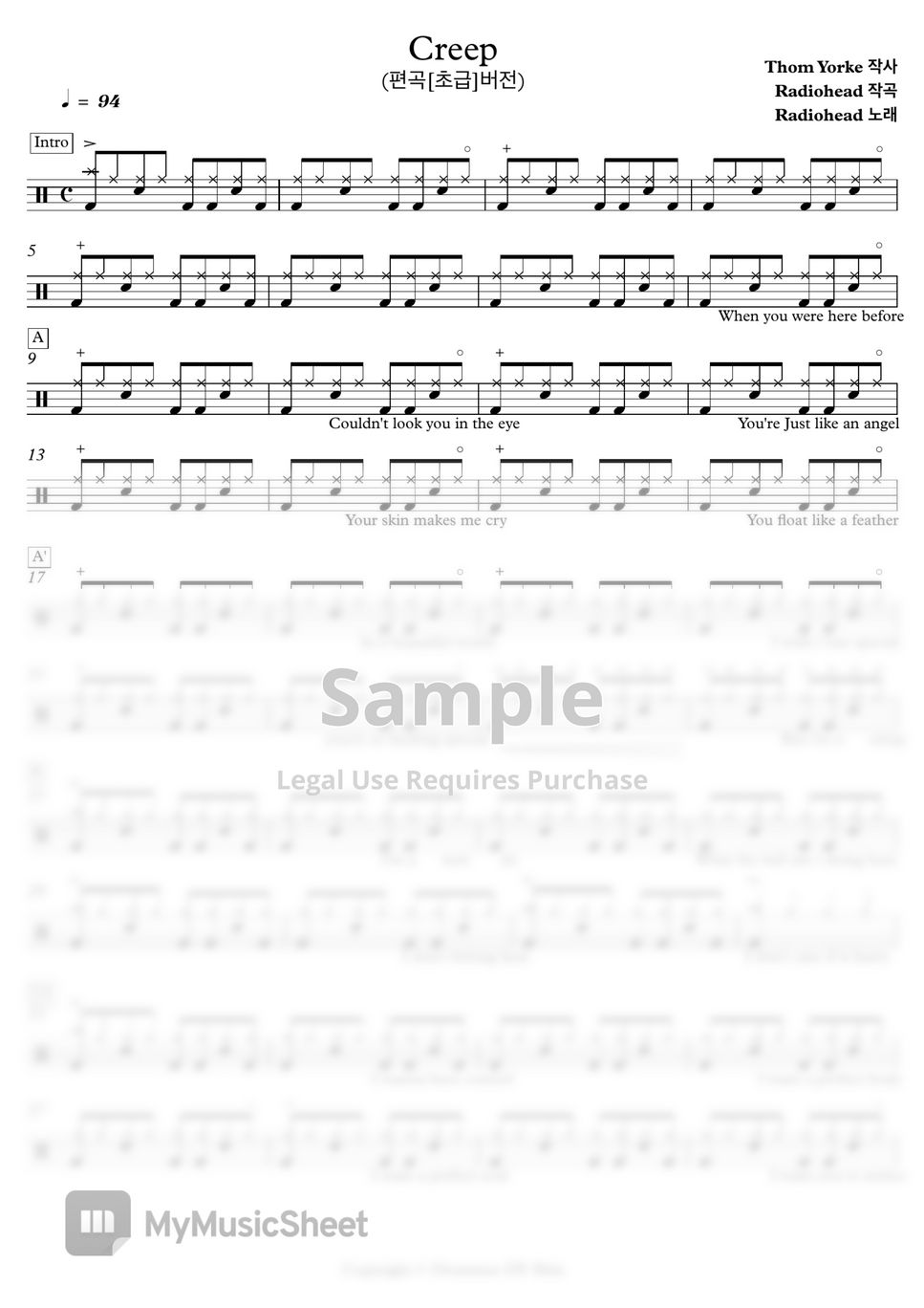 Radiohead - creep (초급편곡버전) Sheet Music by 신동엽의드럼터치