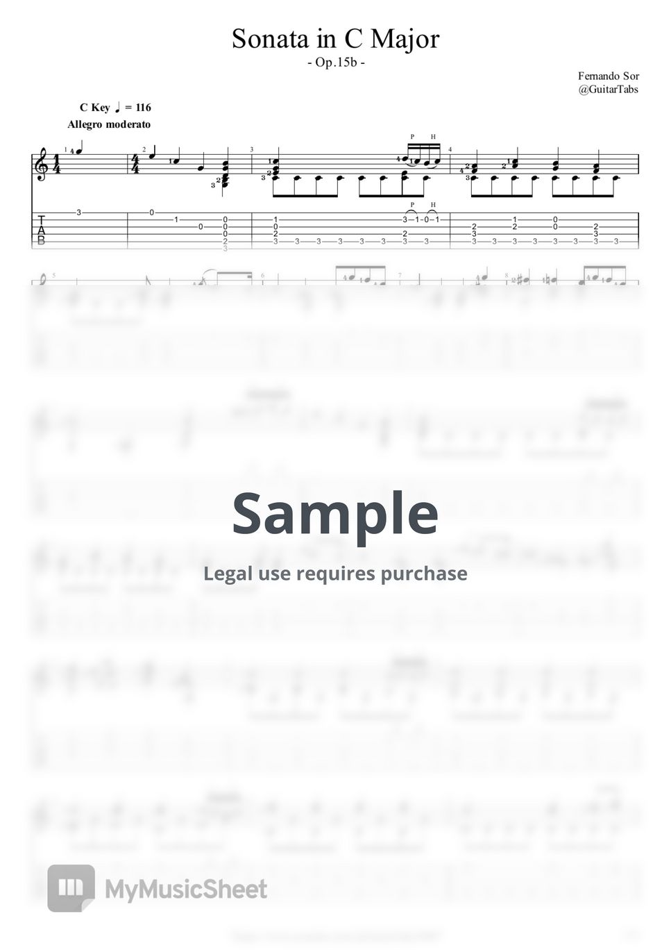 F. Sor - Sonata in C Major(Op.15B) (오선+타브+운지(Staff+TAB+Fingering)) TAB+ ...