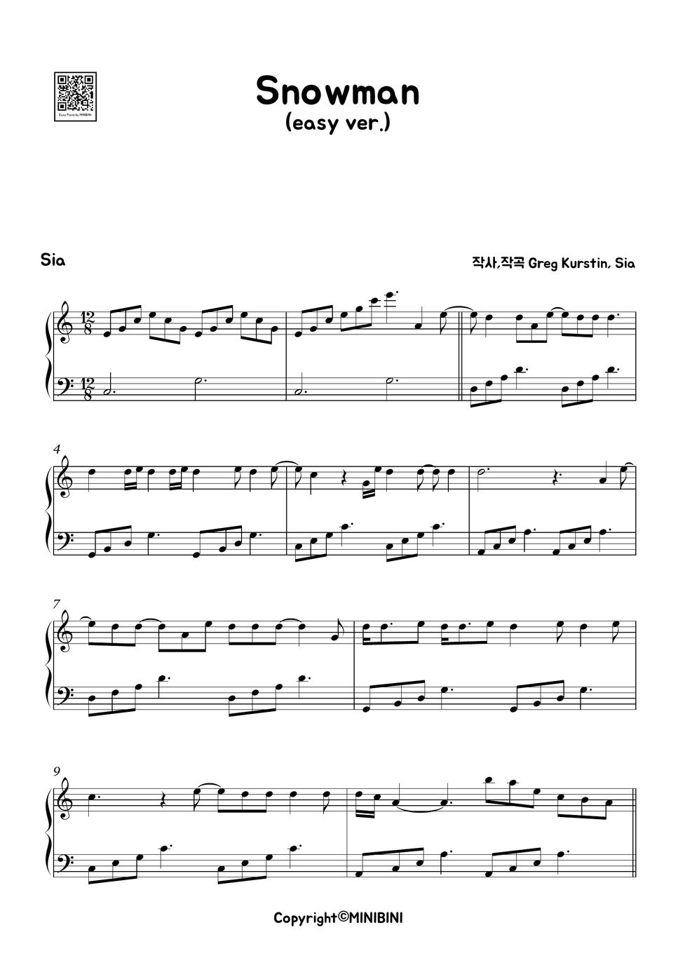 Sia - Snowman (Easy Version) Sheet by MINIBINI