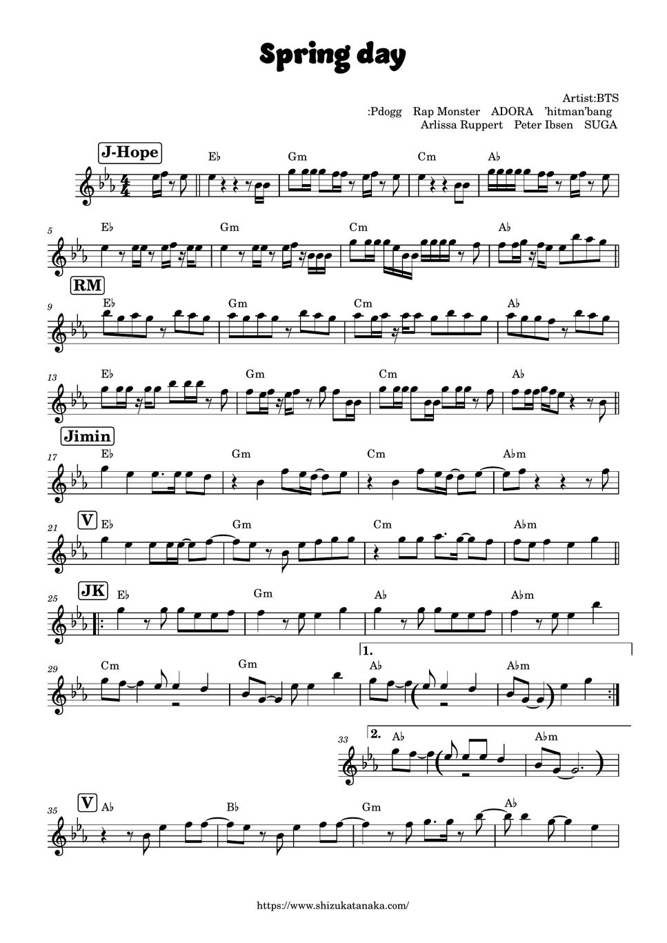 BTS - Spring day (backing track/Key = E♭ Major) Sheet by syzkah