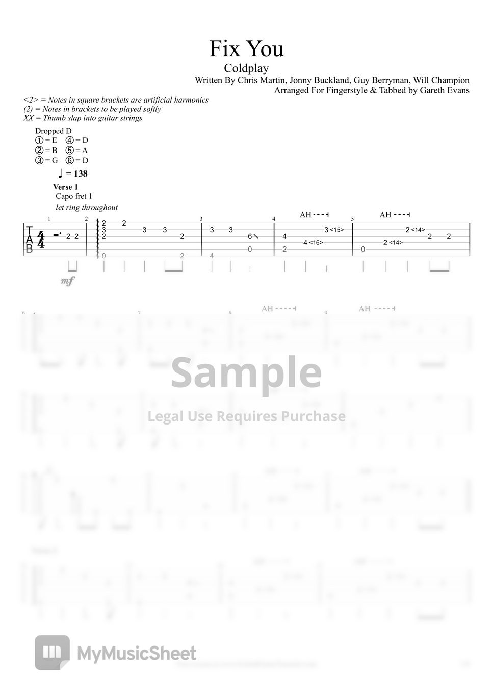 Coldplay - Fix You (Fingerstyle) 악보 by Gareth Evans