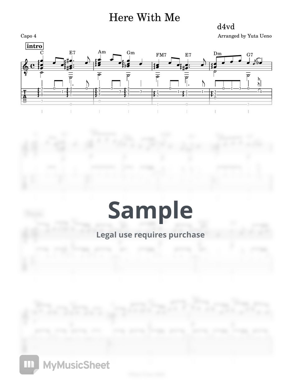 d4vd - Here With Me (Fingerstyle) Tab + 1staff by Yuta Ueno