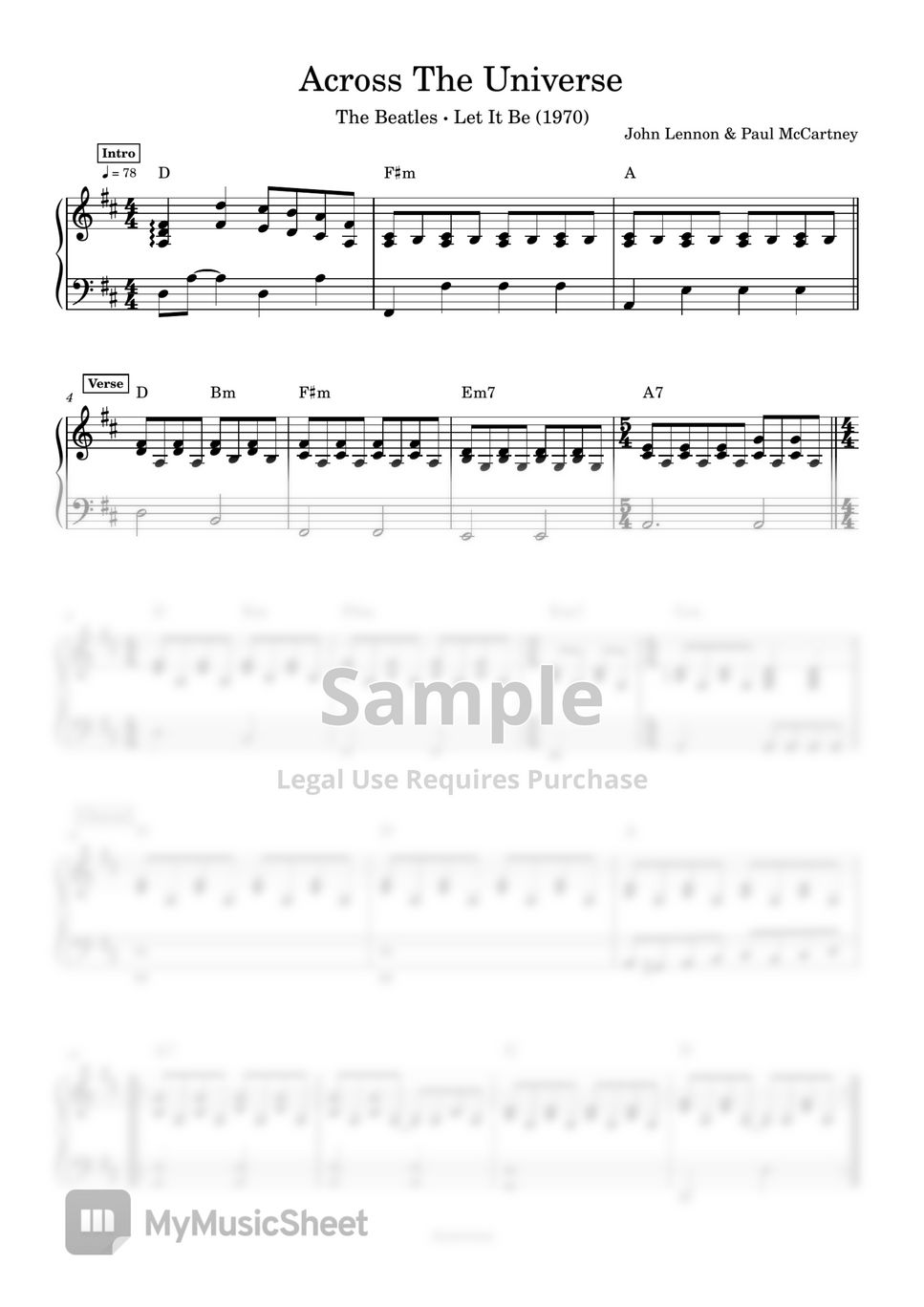 The Beatles Across The Universe Piano Accomp 악보 By Anacrusa
