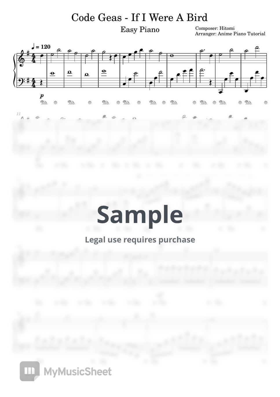 Hitomi - Code Geas - If I Were A Bird 악보 by Anime Piano Tutorials