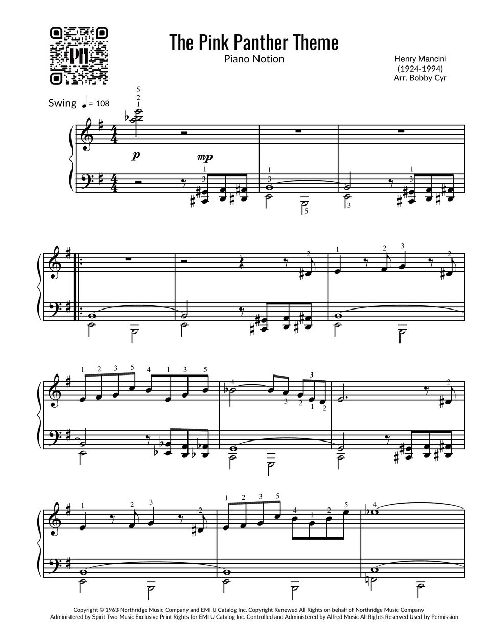 Henry Mancini - The Pink Panther (Easy Piano) Sheets by Piano Notion