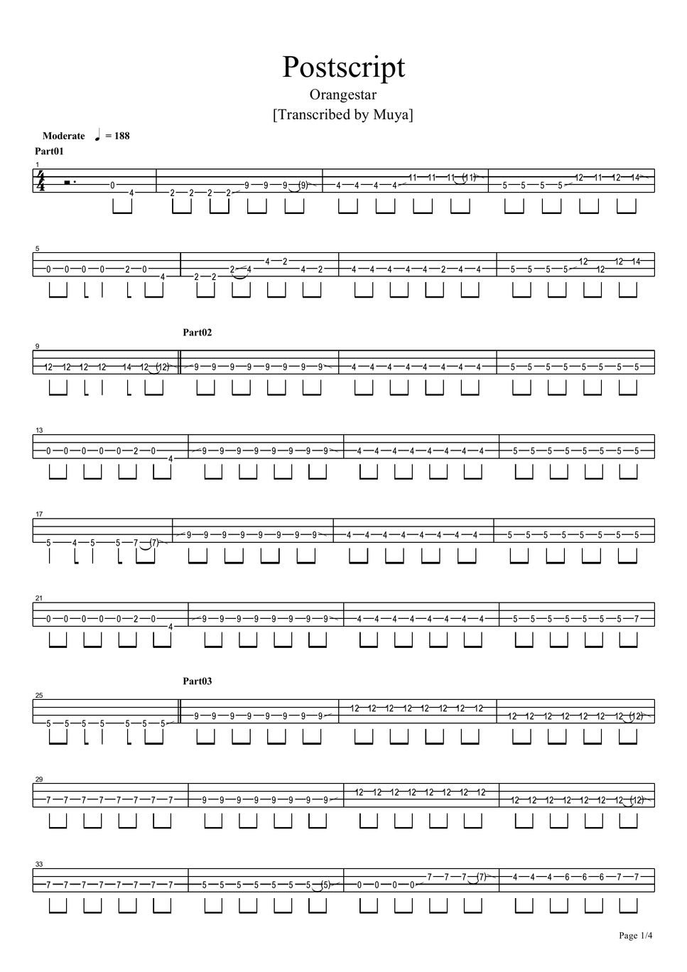 Orangestar - Postscript (Bass TAB) Partition musicale by Muya