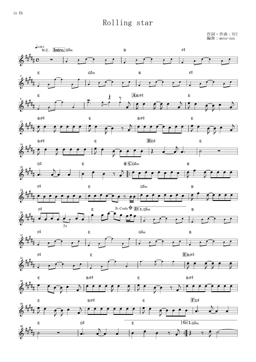 YUI - Rolling star (Bleach / in Eb) Sheets by muta-sax
