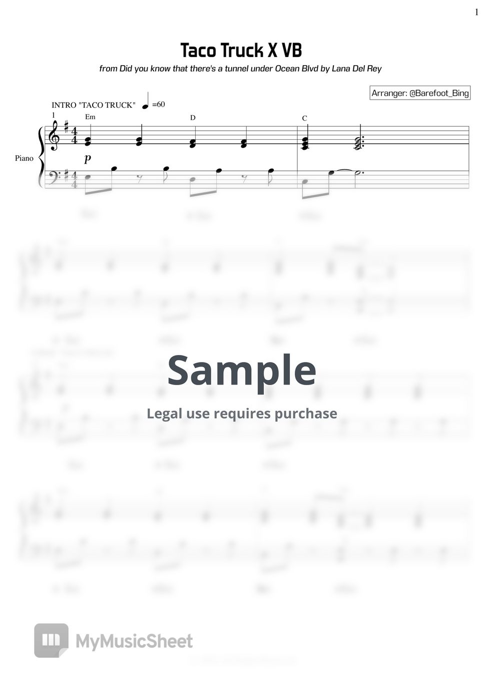 Lana Del Rey - Taco Truck X VB Sheet Music by Barefoot Bing