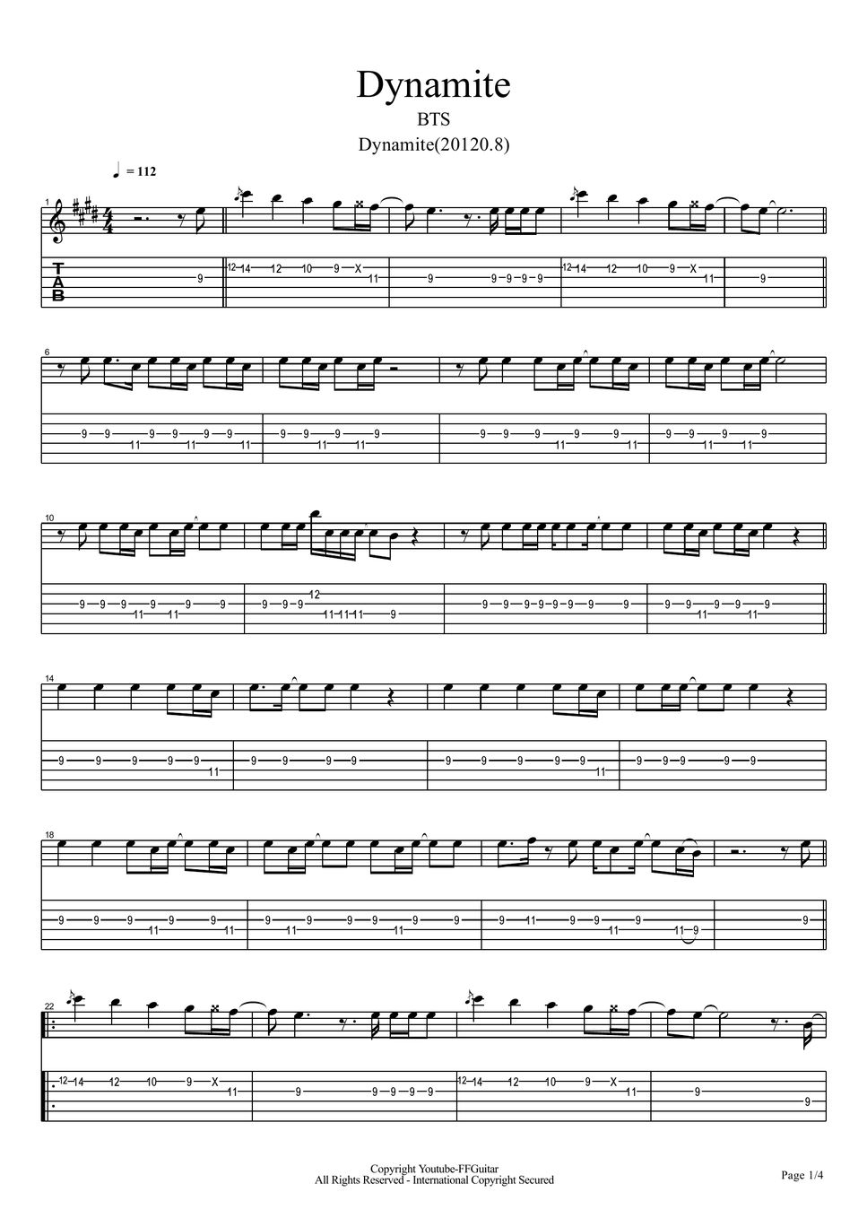 BTS - Dynamite Guitar cover TAB by FFGuitar