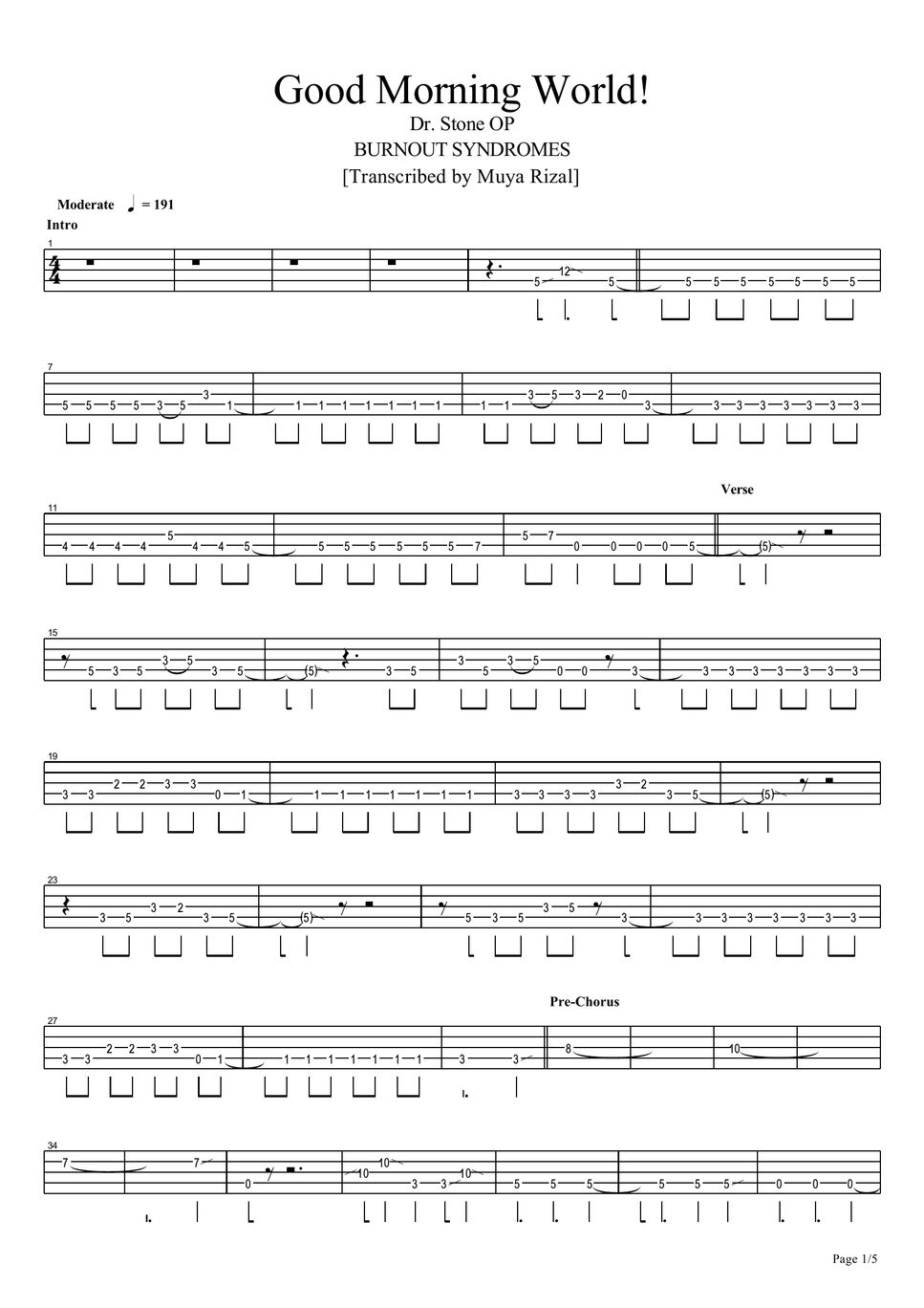 BURNOUT SYNDROMES - Good Morning World! (Bass TAB) 악보 by Muya