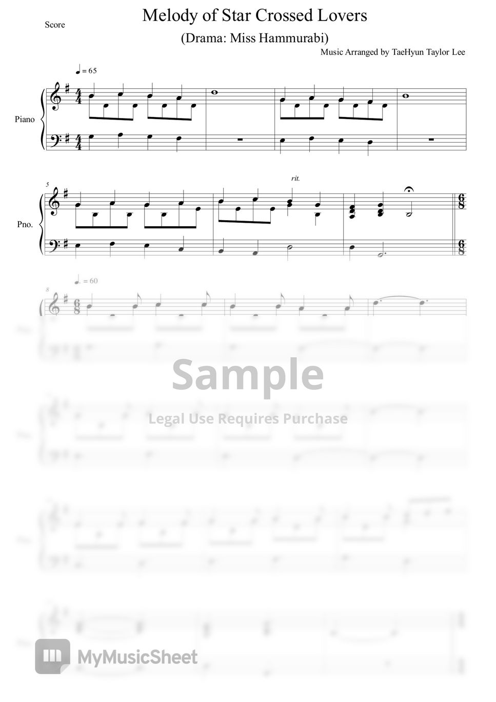 드라마: 미스 함무라비 - Melody of Star Crossed Lovers (피아노 버전) 악보 by TaeHyun ...