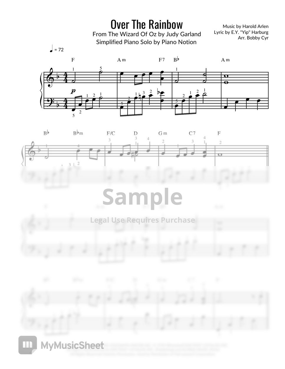 Judy Garland - Over The Rainbow (Piano Solo) Sheets by Piano Notion