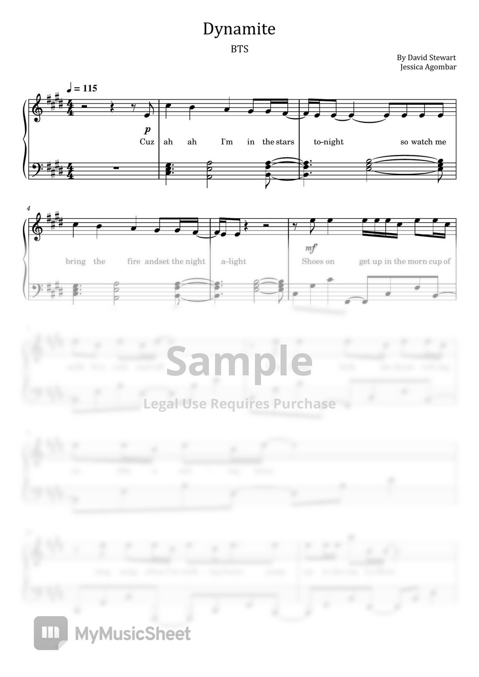 David Stewart/Jessica Agombar - Dynamite (BTS - For Piano Solo With Lyric) Sheet Music by poon