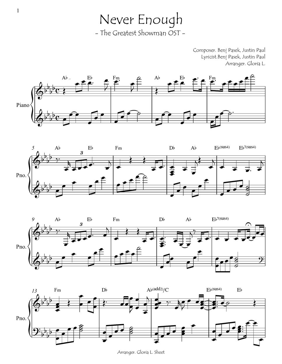 Loren Allred - Never Enough (The Greatest Showman OST) Piano Sheet by ...