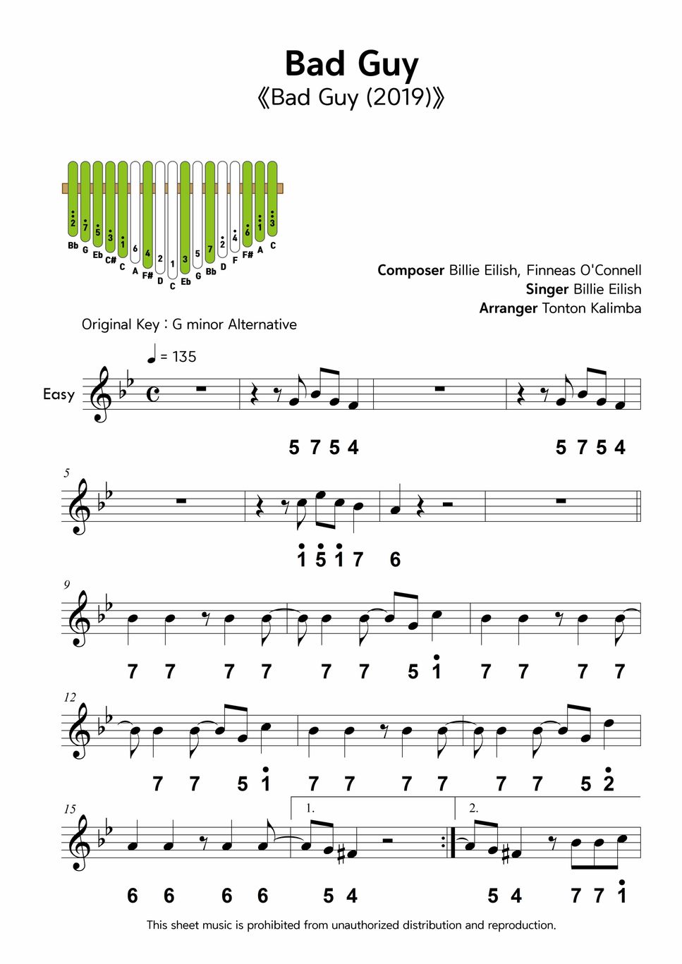 Billie Eilish - Bad Guy (Easy) Notenblatt by Tonton Kalimba