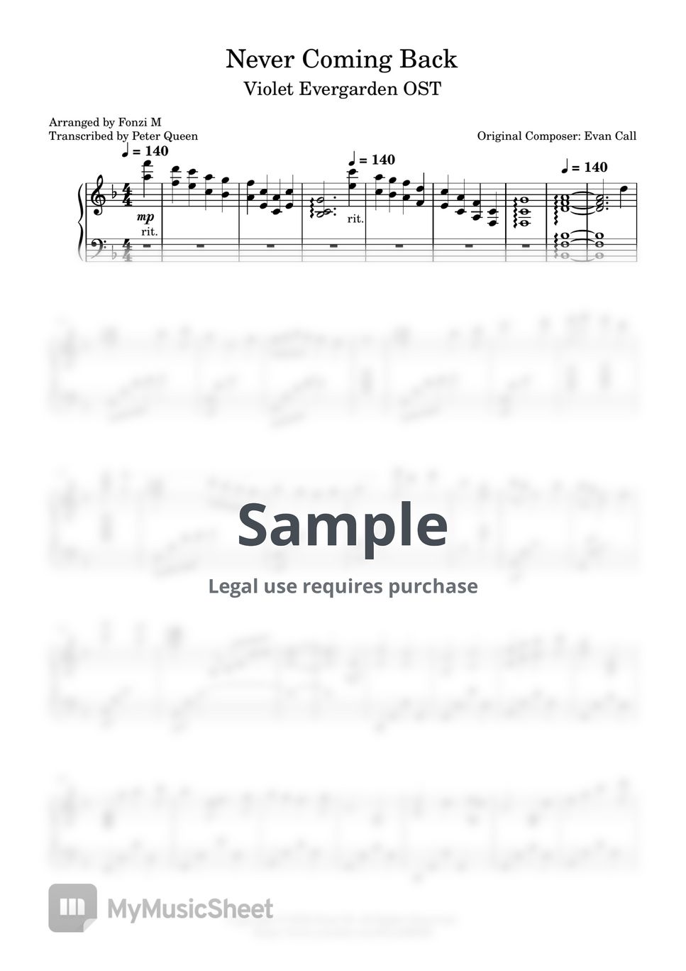 Evan Call - Violet Evergarden OST - "Never Coming Back" Lembar Musik by ...