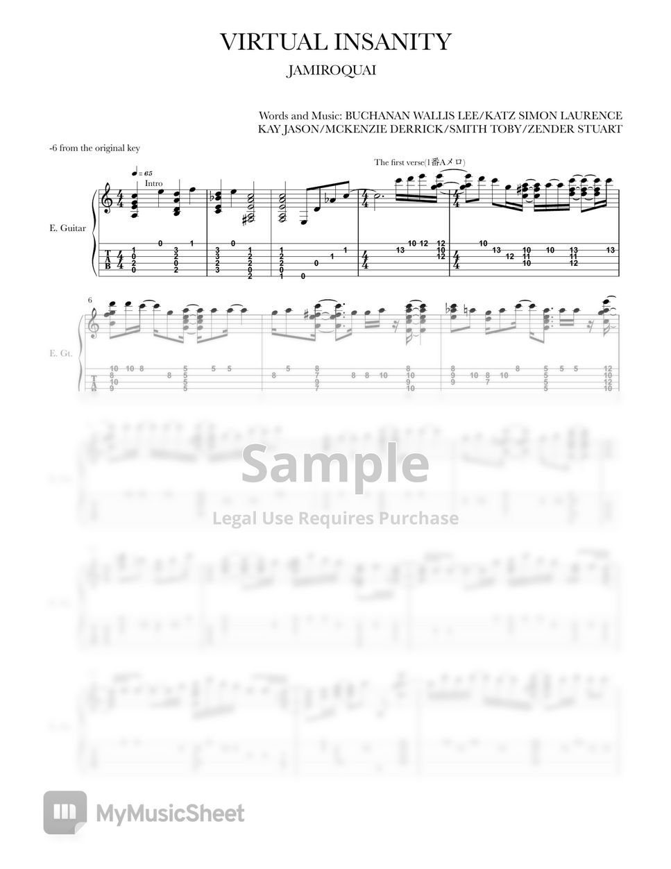 JAMIROQUAI - VIRTUAL INSANITY Solo Guitar (Only Flat Pick) 악보 by ...