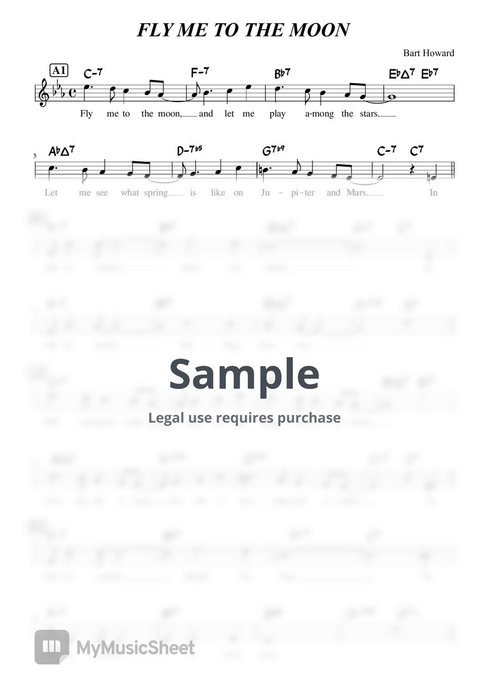 Bart Howard - Fly Me to the Moon (Key of Eb / Lyrics) Melody Sheet ...