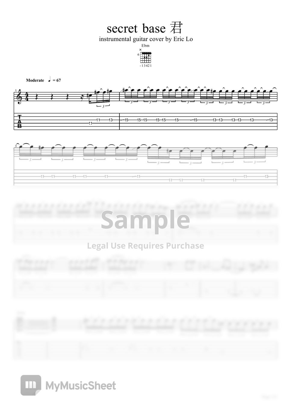 secret base - 君 guitar cover Tab + pontuação de linha única by Eric Lo